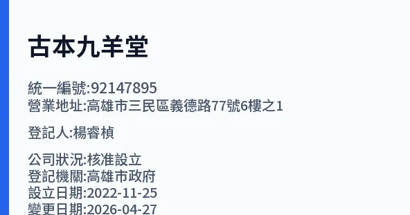 古本九羊堂的照片-統編 92147895(高雄市) 公司登記資料與營業項目詳細圖表
