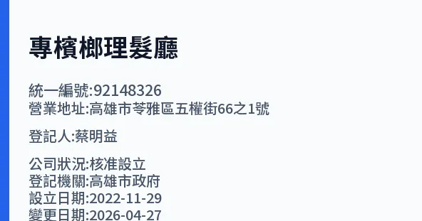 專檳榔理髮廳的照片-統編 92148326(高雄市) 公司登記資料與營業項目詳細圖表