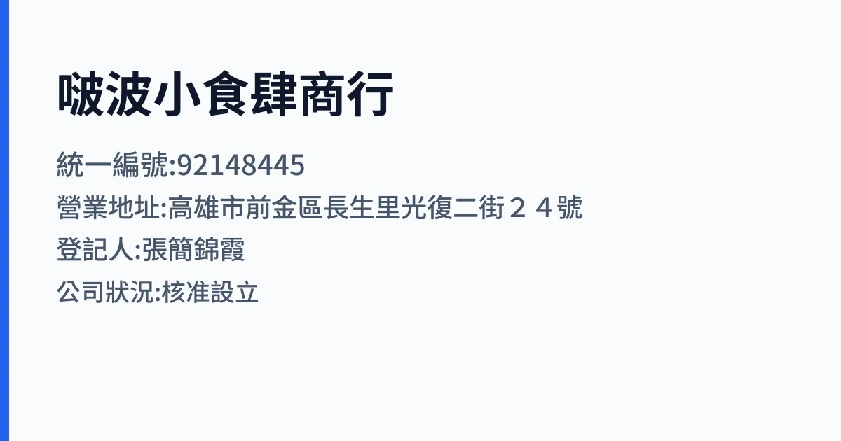 啵波小食肆商行 - 統編 92148445(高雄市) 公司登記資料與營業項目詳細圖表