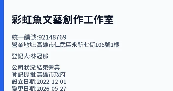 彩虹魚文藝創作工作室的照片-統編 92148769(高雄市) 公司登記資料與營業項目詳細圖表