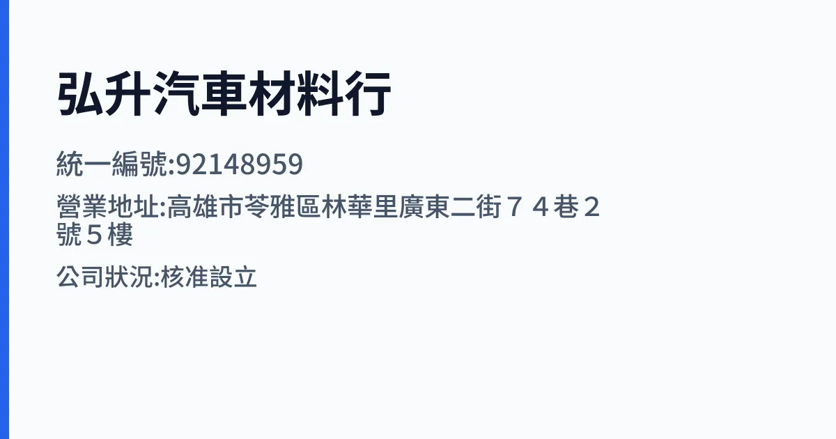 弘升汽車材料行 - 統編 92148959(高雄市) 公司登記資料與營業項目詳細圖表