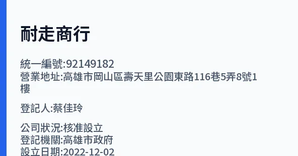 耐走商行的照片-統編 92149182(高雄市) 公司登記資料與營業項目詳細圖表