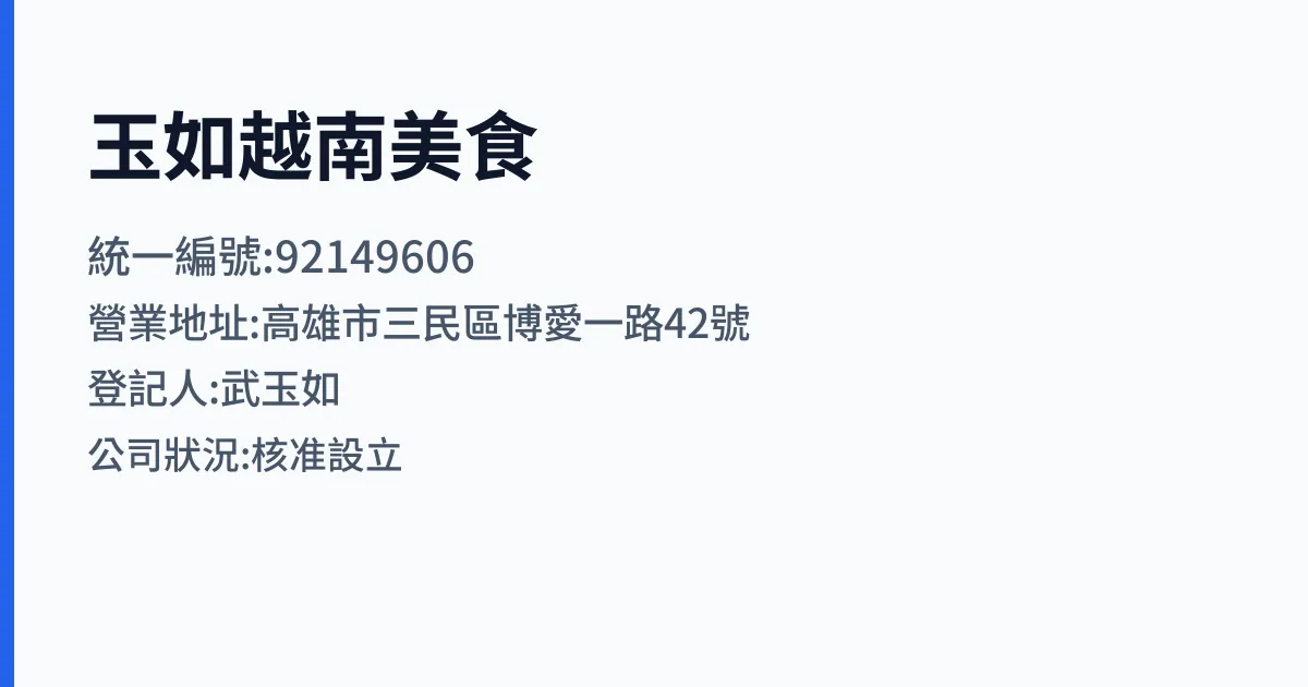 玉如越南美食 - 統編 92149606(高雄市) 公司登記資料與營業項目詳細圖表