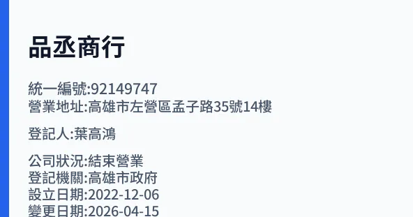 品丞商行的照片-統編 92149747(高雄市) 公司登記資料與營業項目詳細圖表