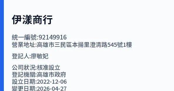伊漾商行的照片-統編 92149916(高雄市) 公司登記資料與營業項目詳細圖表