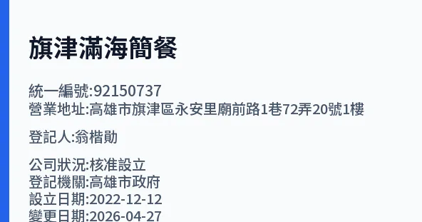 旗津滿海簡餐的照片-統編 92150737(高雄市) 公司登記資料與營業項目詳細圖表