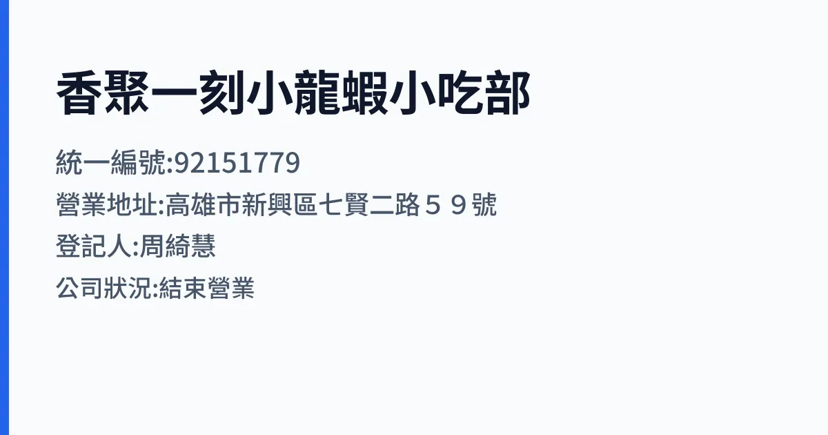 香聚一刻小龍蝦小吃部 - 統編 92151779(高雄市) 公司登記資料與營業項目詳細圖表