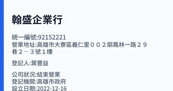 翰盛企業行的照片-統編 92152221(高雄市) 公司登記資料與營業項目詳細圖表