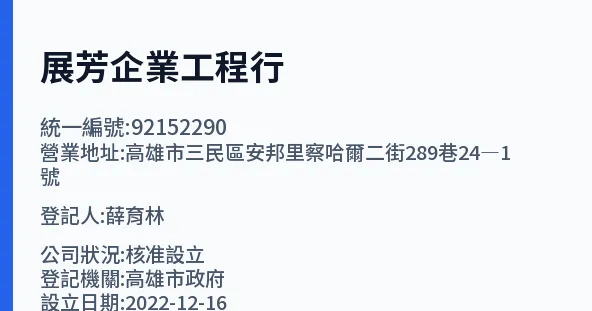 展芳企業工程行的照片-統編 92152290(高雄市) 公司登記資料與營業項目詳細圖表