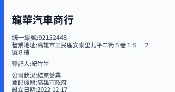 龍華汽車商行的照片-統編 92152448(高雄市) 公司登記資料與營業項目詳細圖表