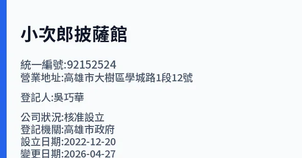 小次郎披薩館的照片-統編 92152524(高雄市) 公司登記資料與營業項目詳細圖表