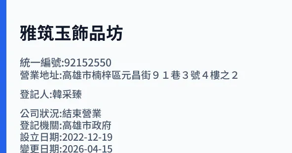 雅筑玉飾品坊的照片-統編 92152550(高雄市) 公司登記資料與營業項目詳細圖表