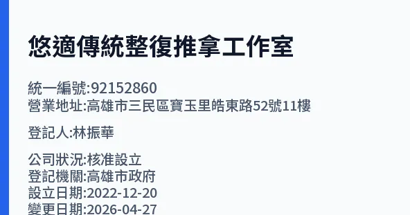 悠適傳統整復推拿工作室的照片-統編 92152860(高雄市) 公司登記資料與營業項目詳細圖表
