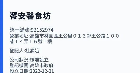 饗安馨食坊的照片-統編 92152974(高雄市) 公司登記資料與營業項目詳細圖表