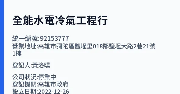 全能水電冷氣工程行的照片-統編 92153777(高雄市) 公司登記資料與營業項目詳細圖表