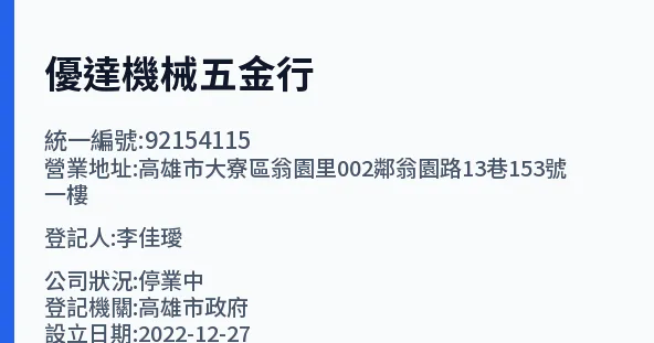 優達機械五金行的照片-統編 92154115(高雄市) 公司登記資料與營業項目詳細圖表