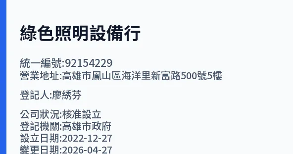 綠色照明設備行的照片-統編 92154229(高雄市) 公司登記資料與營業項目詳細圖表