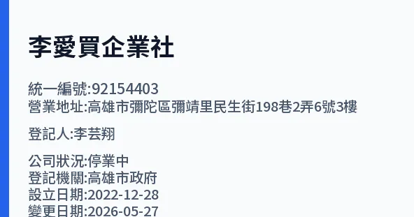 李愛買企業社的照片-統編 92154403(高雄市) 公司登記資料與營業項目詳細圖表