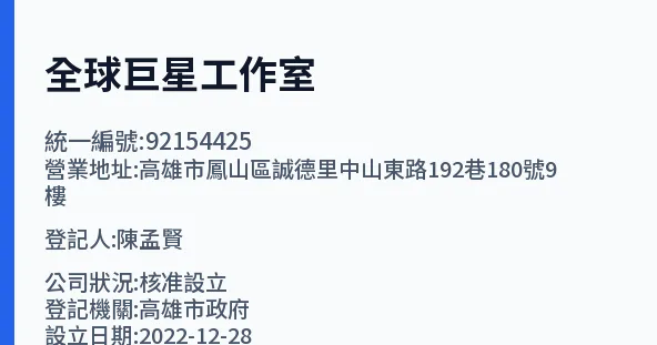 全球巨星工作室的照片-統編 92154425(高雄市) 公司登記資料與營業項目詳細圖表