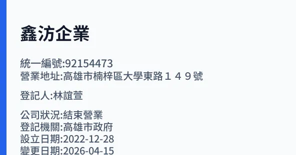 鑫汸企業的照片-統編 92154473(高雄市) 公司登記資料與營業項目詳細圖表