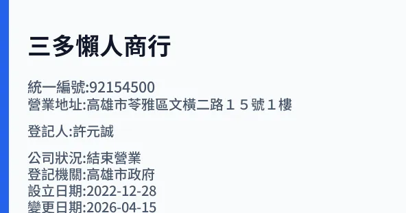 三多懶人商行的照片-統編 92154500(高雄市) 公司登記資料與營業項目詳細圖表