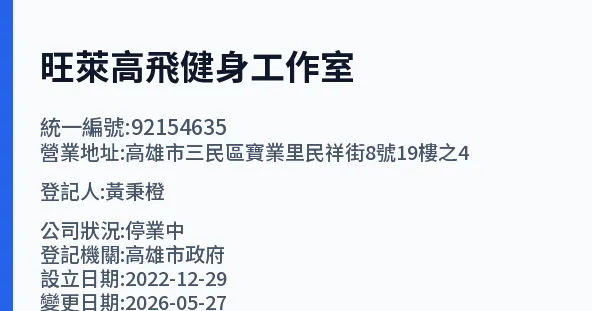 旺萊高飛健身工作室的照片-統編 92154635(高雄市) 公司登記資料與營業項目詳細圖表