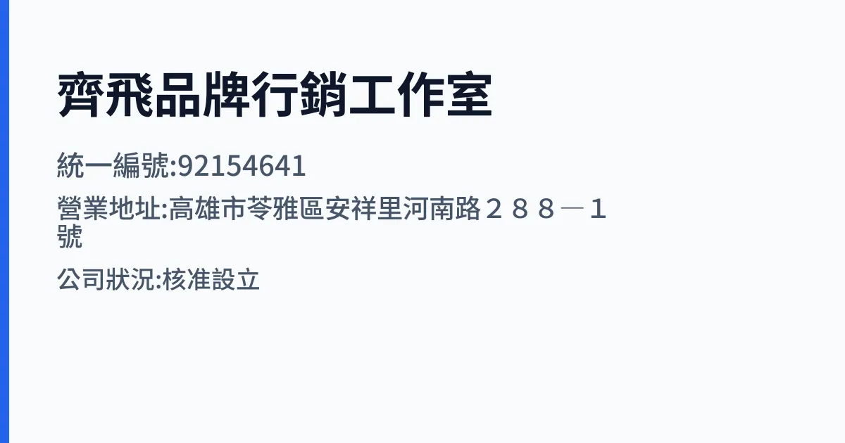齊飛品牌行銷工作室 - 統編 92154641(高雄市) 公司登記資料與營業項目詳細圖表