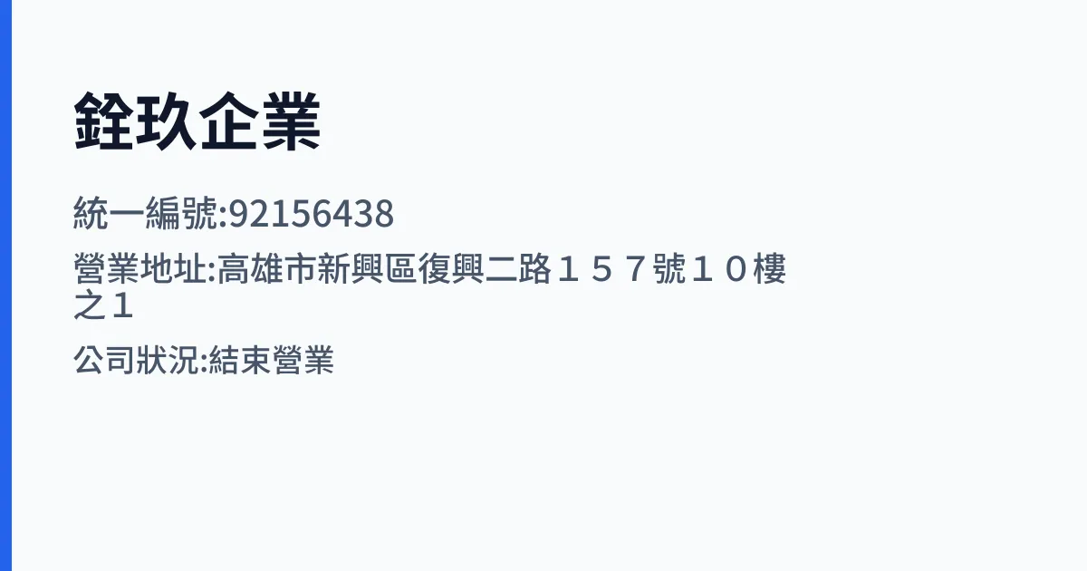 銓玖企業 - 統編 92156438(高雄市) 公司登記資料與營業項目詳細圖表