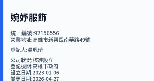 婉妤服飾的照片-統編 92156556(高雄市) 公司登記資料與營業項目詳細圖表