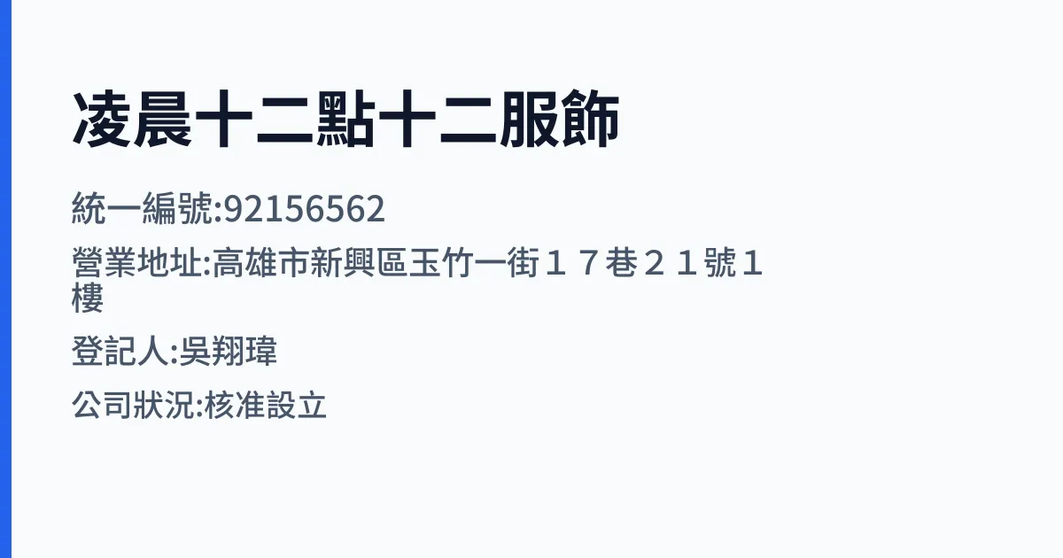 凌晨十二點十二服飾 - 統編 92156562(高雄市) 公司登記資料與營業項目詳細圖表