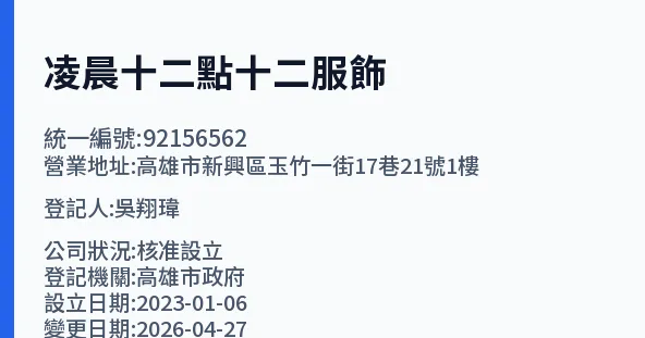 凌晨十二點十二服飾的照片-統編 92156562(高雄市) 公司登記資料與營業項目詳細圖表