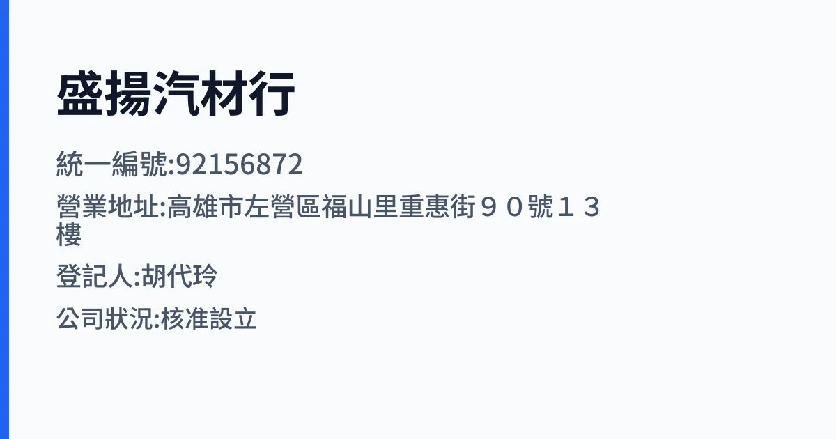 盛揚汽材行 - 統編 92156872(高雄市) 公司登記資料與營業項目詳細圖表