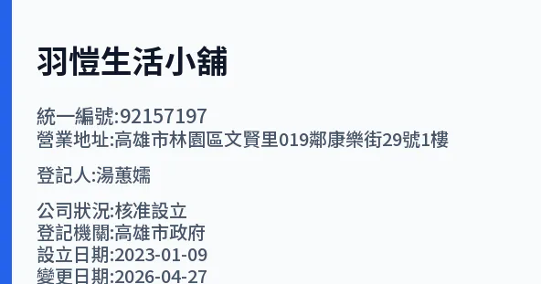 羽愷生活小舖的照片-統編 92157197(高雄市) 公司登記資料與營業項目詳細圖表