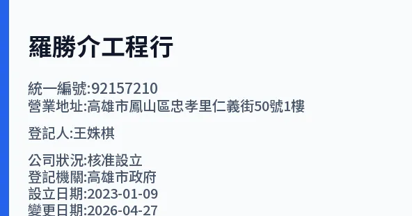 羅勝介工程行的照片-統編 92157210(高雄市) 公司登記資料與營業項目詳細圖表