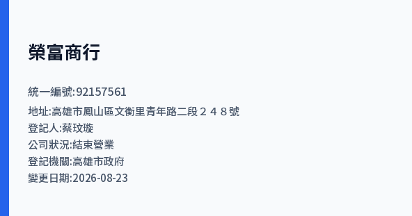 榮富商行的照片-統編 92157561(高雄市) 公司登記資料與營業項目詳細圖表