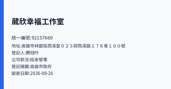 葳欣幸福工作室的照片-統編 92157669(高雄市) 公司登記資料與營業項目詳細圖表