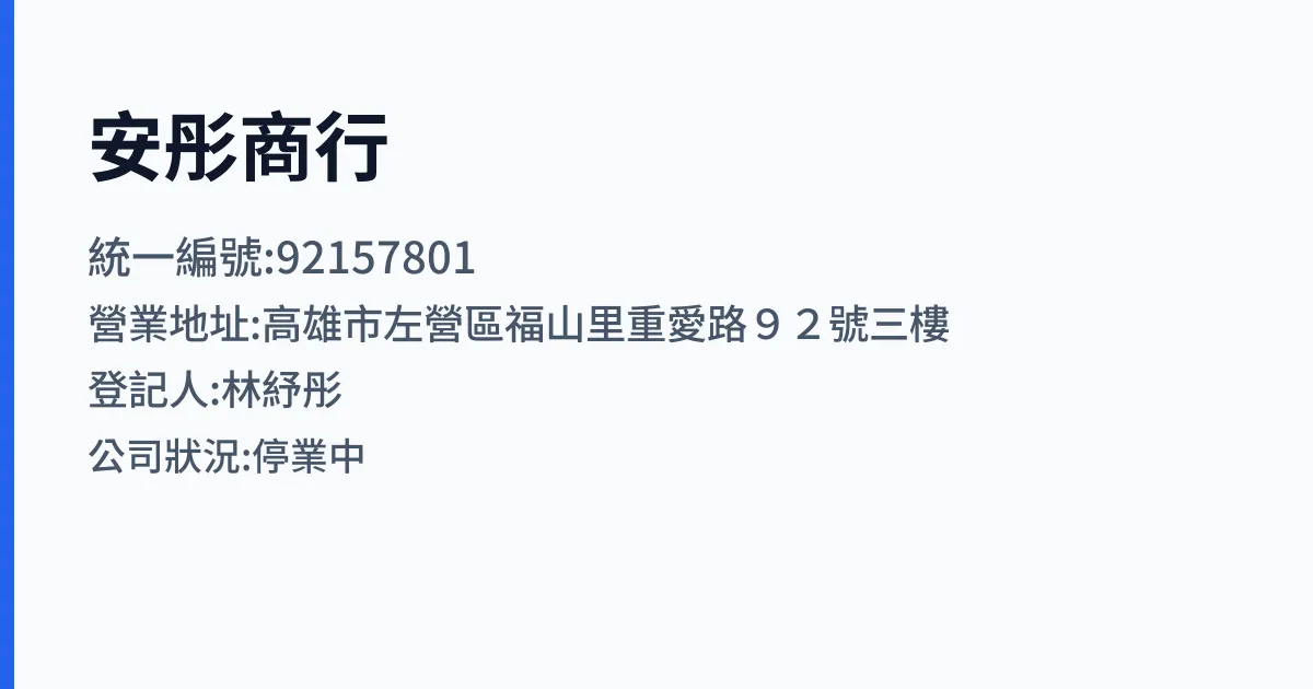 安彤商行 - 統編 92157801(高雄市) 公司登記資料與營業項目詳細圖表