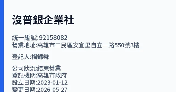 沒普銀企業社的照片-統編 92158082(高雄市) 公司登記資料與營業項目詳細圖表