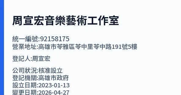 周宣宏音樂藝術工作室的照片-統編 92158175(高雄市) 公司登記資料與營業項目詳細圖表