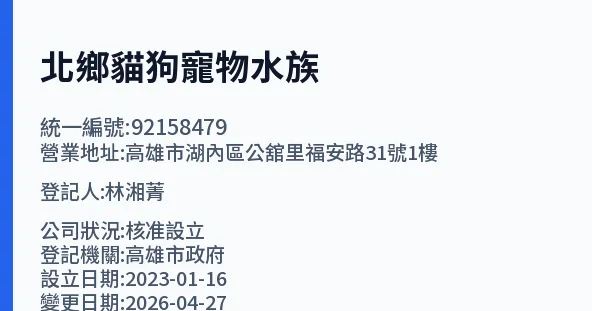 北鄉貓狗寵物水族的照片-統編 92158479(高雄市) 公司登記資料與營業項目詳細圖表