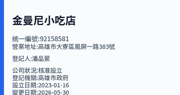 金曼尼小吃店的照片-統編 92158581(高雄市) 公司登記資料與營業項目詳細圖表