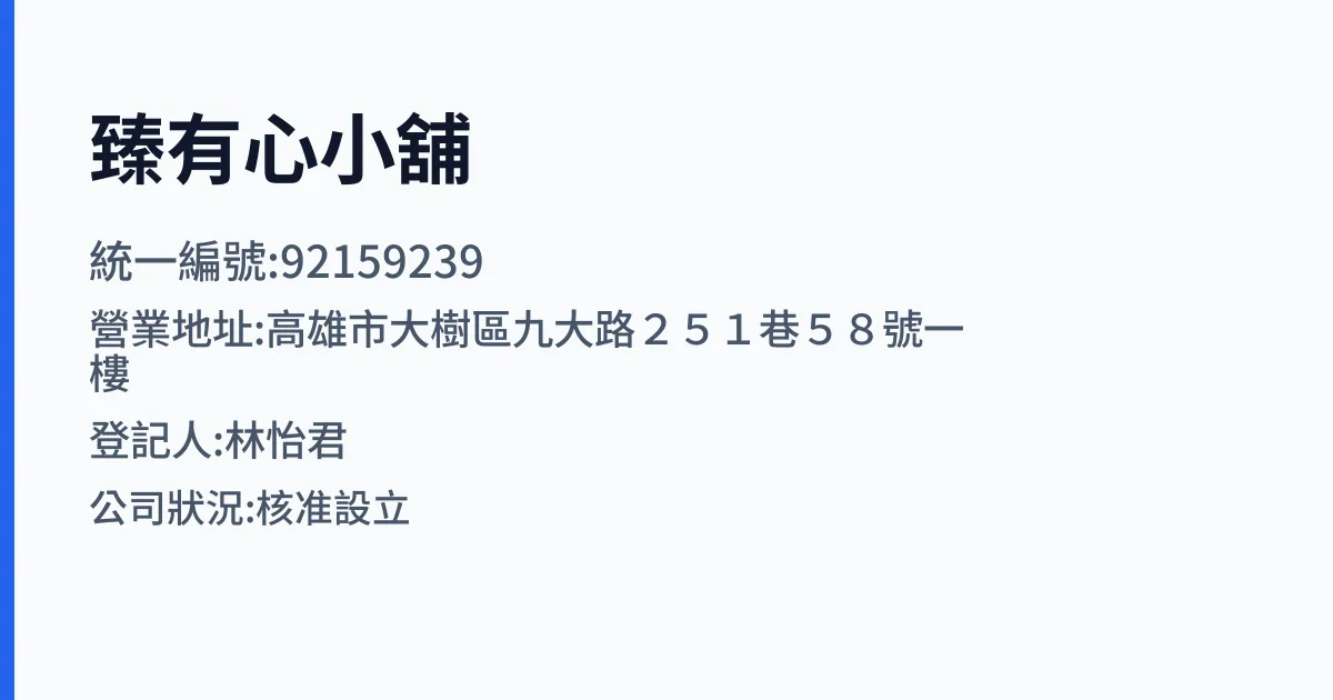 臻有心小舖 - 統編 92159239(高雄市) 公司登記資料與營業項目詳細圖表