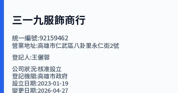 三一九服飾商行的照片-統編 92159462(高雄市) 公司登記資料與營業項目詳細圖表