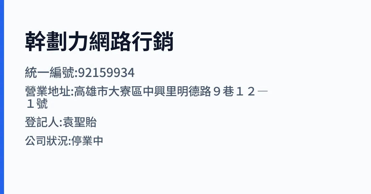 幹劃力網路行銷 - 統編 92159934(高雄市) 公司登記資料與營業項目詳細圖表