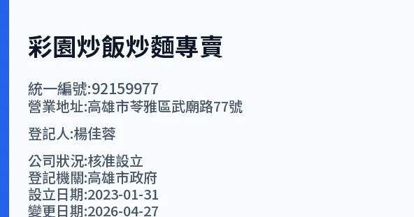 彩園炒飯炒麵專賣的照片-統編 92159977(高雄市) 公司登記資料與營業項目詳細圖表