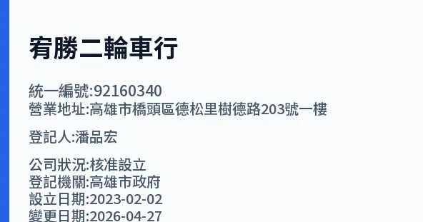 宥勝二輪車行的照片-統編 92160340(高雄市) 公司登記資料與營業項目詳細圖表
