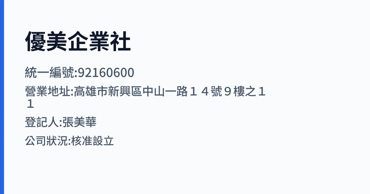 優美企業社 - 統編 92160600(高雄市) 公司登記資料與營業項目詳細圖表