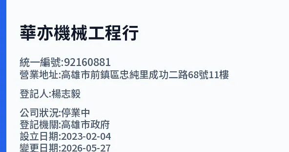華亦機械工程行的照片-統編 92160881(高雄市) 公司登記資料與營業項目詳細圖表