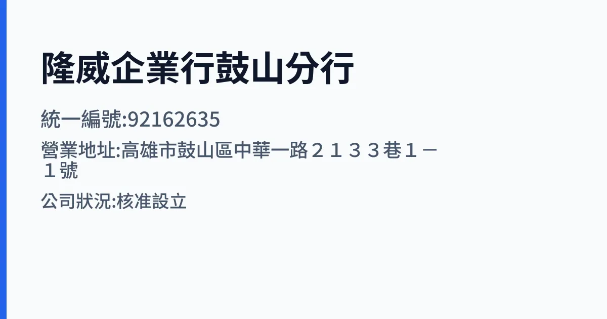 隆威企業行鼓山分行 - 統編 92162635(高雄市) 公司登記資料與營業項目詳細圖表