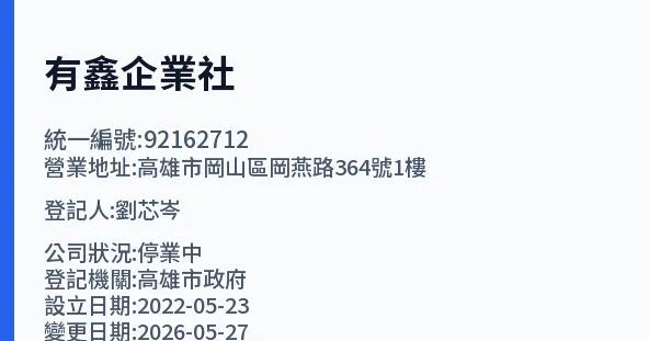 有鑫企業社的照片-統編 92162712(高雄市) 公司登記資料與營業項目詳細圖表